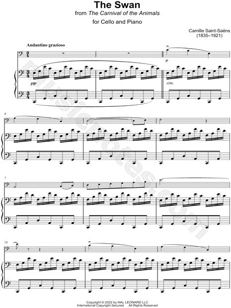 Camille Saint Saëns The Swan Cello And Piano Sheet Music In C Major Download And Print Sku