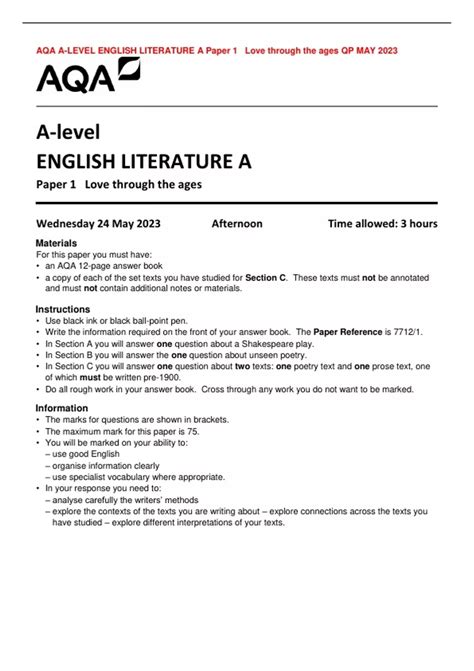Aqa A Level English Literature A Paper 1 Love Through The Ages Qp May