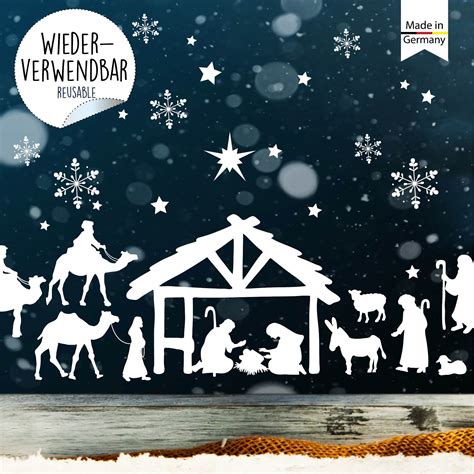 Fensterbild Weihnachten Weiß Krippe Weihnachtskrippe Wiederverwendbar Fensteraufkleber