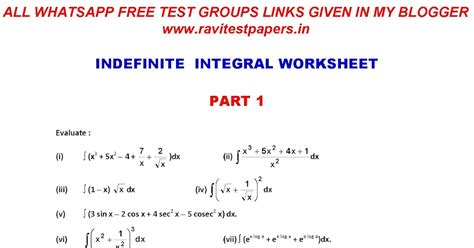 Ravi Test Papers Maths Indefinite Integral Worksheet With Solved