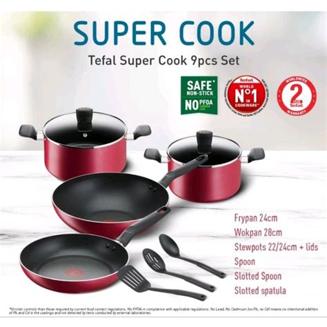 【ready Stock】tefal Supercook 9pcs Set Frypan 24cm Wokpan 28cm Stewpot 22cm And 24cm Etc