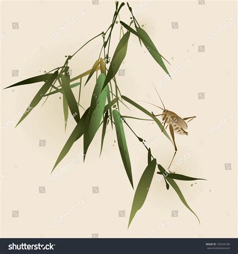 Grasshopper On Bamboo Leaves Vectorized Brush Stock Vector Royalty