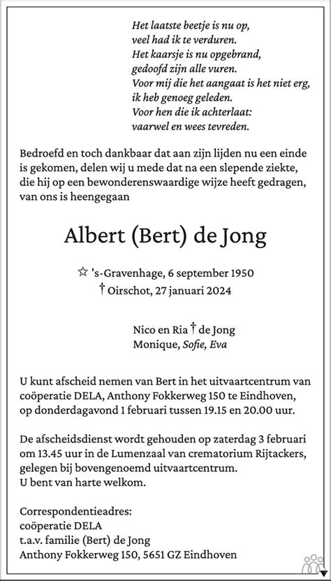 Bert Albert De Jong 27 01 2024 Overlijdensbericht En Condoleances Mensenlinqnl
