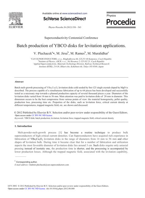 Pdf Batch Production Of Ybco Disks For Levitation Applications