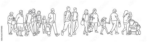 One Line Drawing Of Urban Residents Walking On City Street Group Of