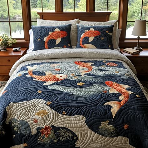 Japanese Koi Pond 3 Piece Quilted Bedding Set Ncu0dv5908 Vantique
