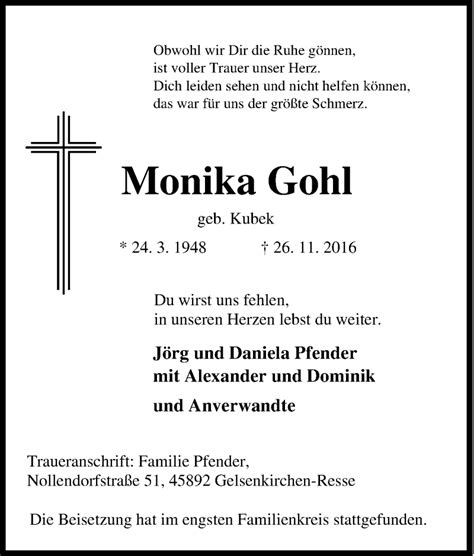 Traueranzeigen Von Monika Gohl Trauer In Nrw De