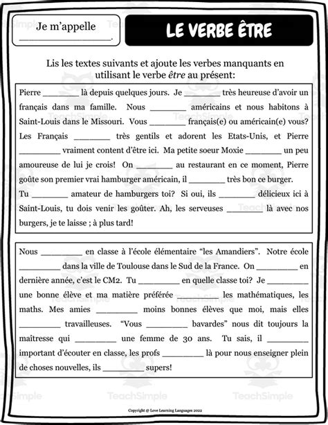 French Etre Verb Worksheet Set By Teach Simple