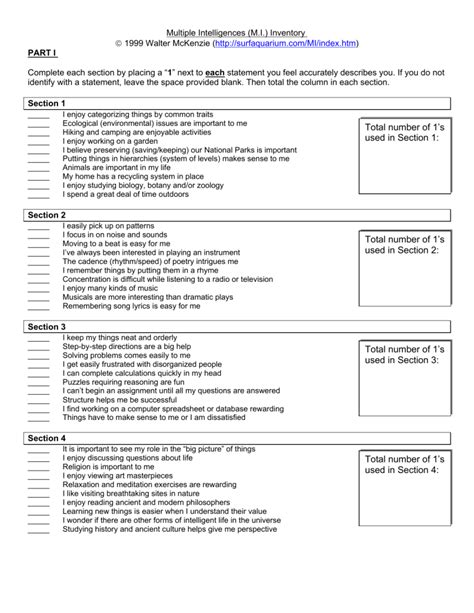 Multiple Intelligences Mi Inventory Questionnaire