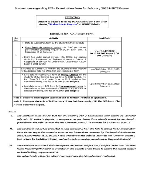 Instructions Regarding Pca Examination Form Feb 2023 Pdf Test Assessment Academic Term