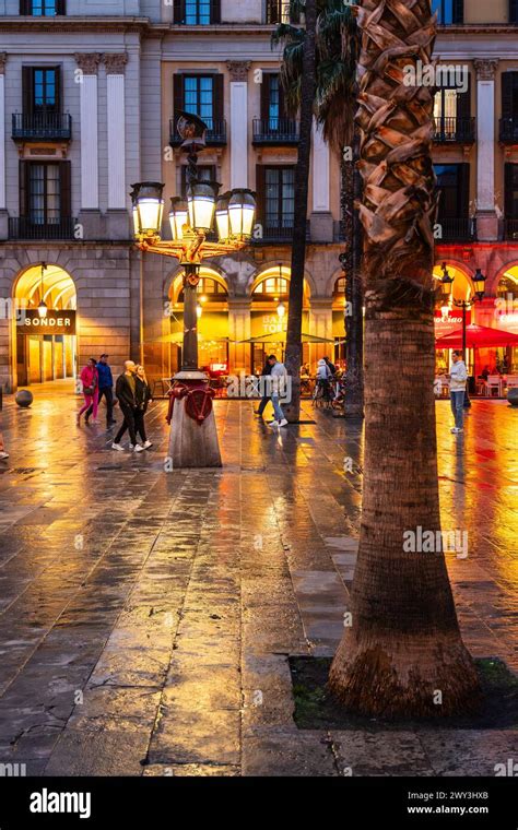 Nightlife At Placa Reial Lanterns By Gaudi In The Historic Centre Of