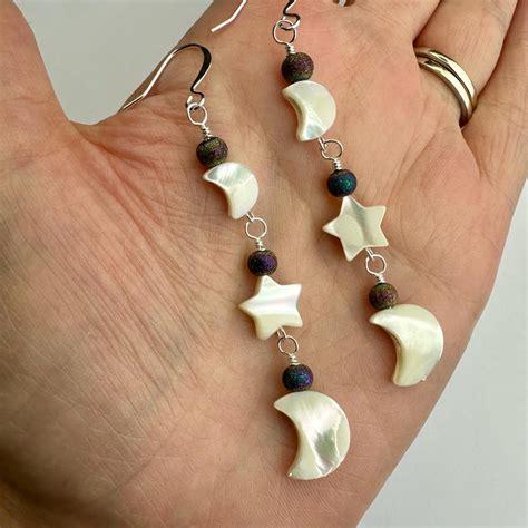 Long Mother Of Pearl Moons Stars Iridescent Druzy Celestial Long