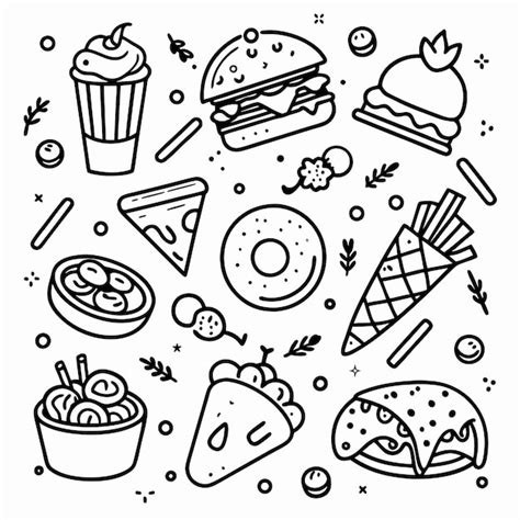 A Collection Of Various Handdrawn Food Illustrations In Black And White