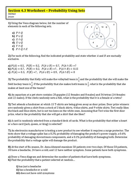 Section 43 Worksheet Probability Using Sets Mdm4u Jensen Pdf