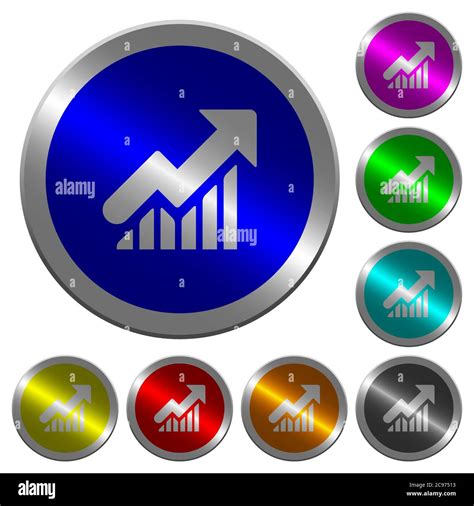Rising Graph Icons On Round Luminous Coin Like Color Steel Buttons