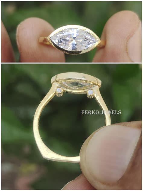 Marquise Cut Bezel Set Ring East To West Engagement Ring Moissanite