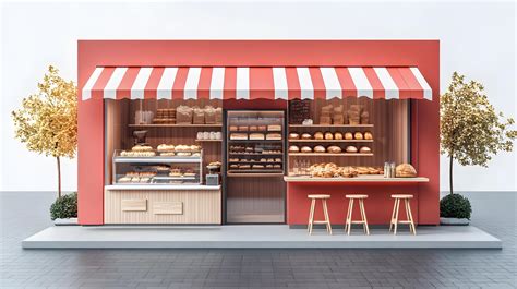 Modern Red White Bakery Kiosk With Striped Awning Features Display