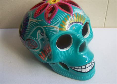Xl Clay Glazed Day Of The Dead Clay Skull Turquoise With Birds And