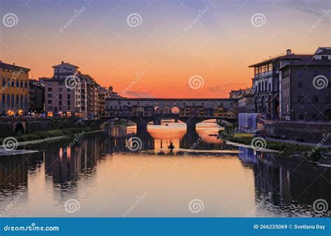 Famous Ponte Vecchio Bridge On The River Arno River At Sunset Florence