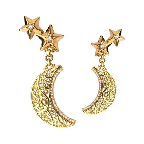 18 Karat Gold And Diamond Filigree Crescent Moon And Stars Earrings For