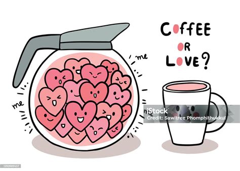 Hand Rita Tecknad Söt Alla Hjärtans Dag Hjärtan I Potten Och Kopp Kaffe Vektor Vektorgrafik Och