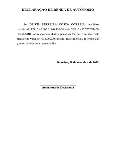 Modelo De Declaracao De Renda Autonomodeclaracao De Renda Informal Modelo