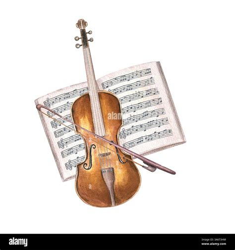 Violin With Bow And Open Music Notebook Watercolor Illustration Isolated Background String