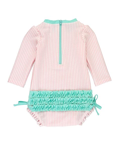 Rufflebutts Pink Seersucker Long Sleeve One Piece Rash Guard