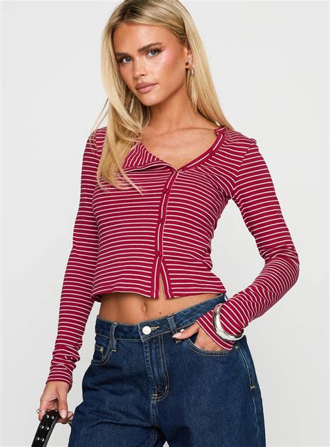 Passoni Long Sleeve Top Red White Stripe Princess Polly