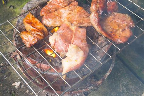 Raw Pork On Hot Charcoal Korean Bbq Style Stock Image Image Of Flame