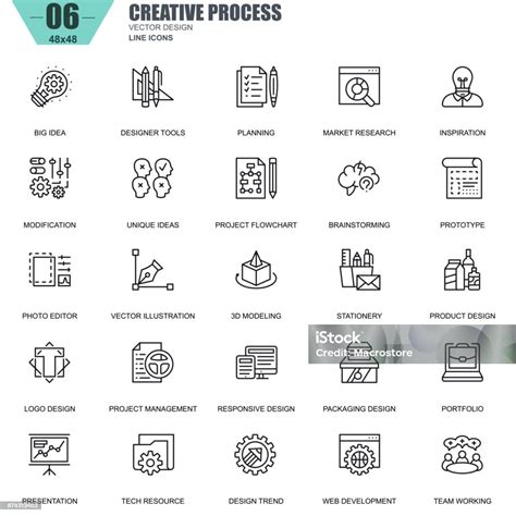 Thin Line Creative Process And Project Workflow Icons Stock
