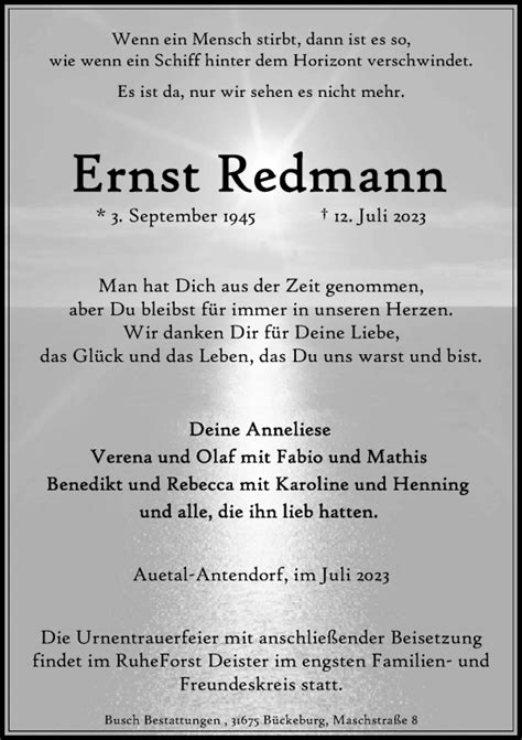 Traueranzeigen Von Ernst Redmann Trauer Anzeigen De