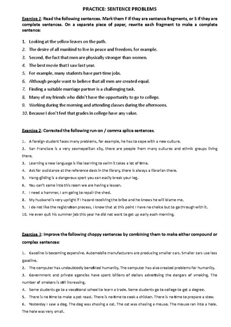 Practice Sentence Problems Identifying Fragments And Correcting Errors
