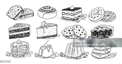 Ilustrasi Sketsa Set Makanan Penutup Dan Makanan Manis Ilustrasi Stok