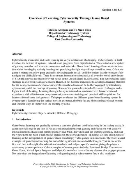 Pdf Overview Of Learning Cybersecurity Through Game Based Systems