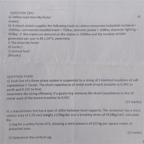 Question Two A Define Load Diversity Factor B A Diesel Station Sup