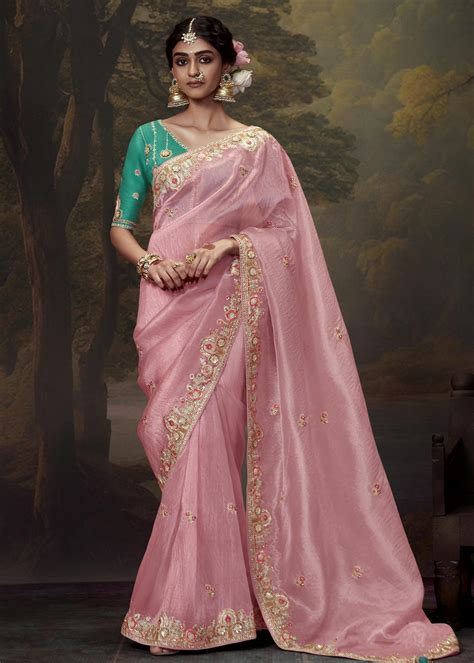Crushed Tissue Silk Rose Pink Saree With Handwork Embroidery In Usa
