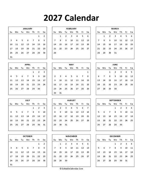 Download Free Printable 2027 Calendar Word Version