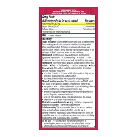 Excedrin Migraine Acetaminophen And Aspirin Pain Reliever Caplets 100 Ea