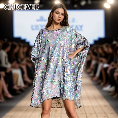 Chicever Patchwork Sequins Dresses For Women Round Neck Short Sleeve High Waist Hit Color Loose