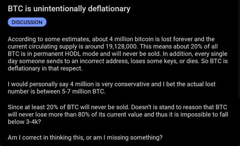Since ~20 Of Btc Is Lost Forever It Cant Fall Below 20 Of Its Price 3 4k Usd R Buttcoin