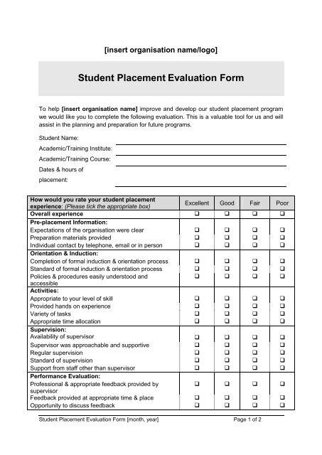 Student Placement Evaluation Form The Mhcc Policy Resource