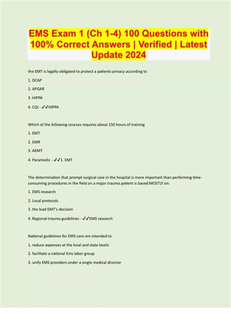 Ems Exam 1 Ch 1 4 100 Questions With 100 Correct Answers Verified Latest Update 2024