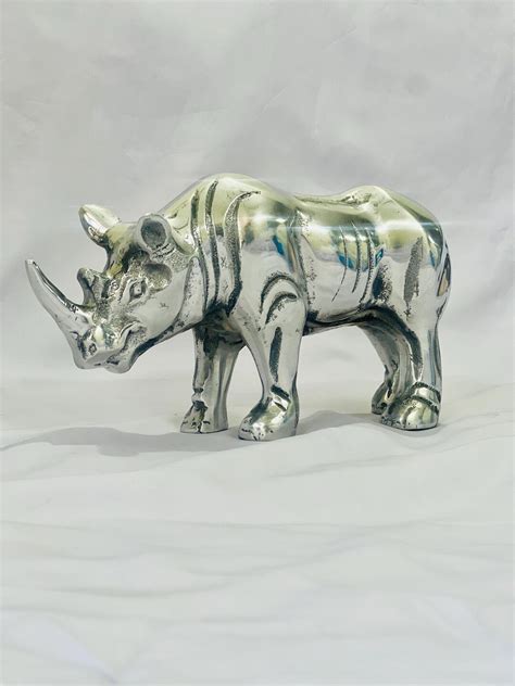 Hand Etched Cast Aluminum Rare Rhino Silver Statue Sculpture Decor Etsy