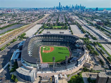 Aerial View Of Rate Field With Chicago Skyline And Expressway