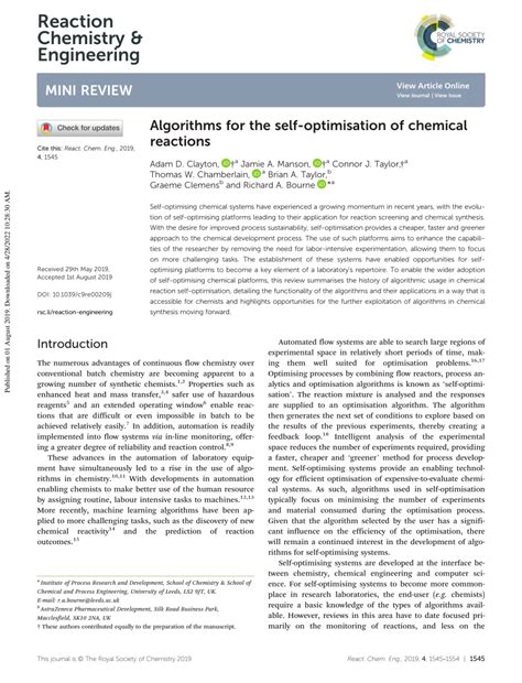 Pdf Algorithms For The Self Optimisation Of Chemical Reactions