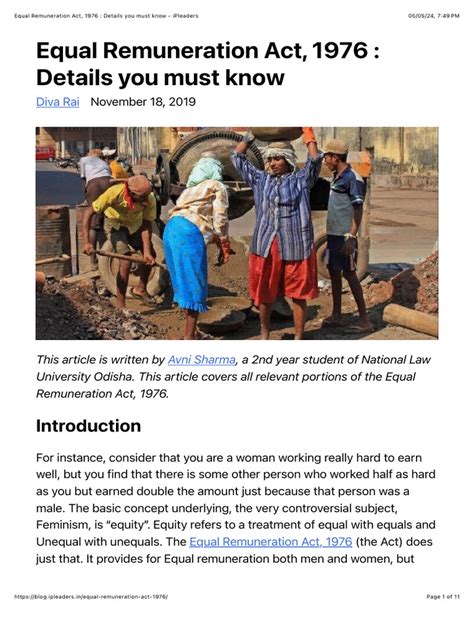 Equal Remuneration Act 1976 Details You Must Know Ipleaders Pdf Employment Crimes