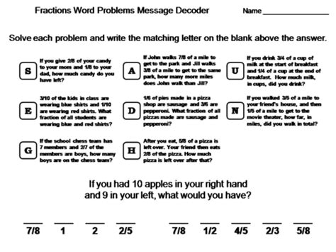 Fractions Word Problems Worksheet Math Message Decoder Teaching