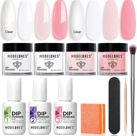 Modelones 11 Pcs Dip Powder Nail Kit Starter 4 Colors Clear White Nude