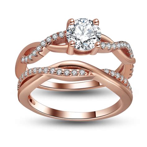 Queena Bridal Sterling Silver Rose Gold Wedding Ring Set Cz Engagement